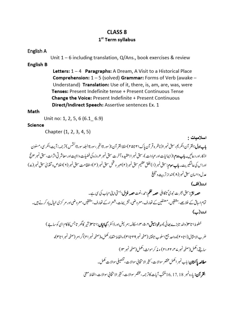 1st Term Syllabus.docx Class 8 | PDF
