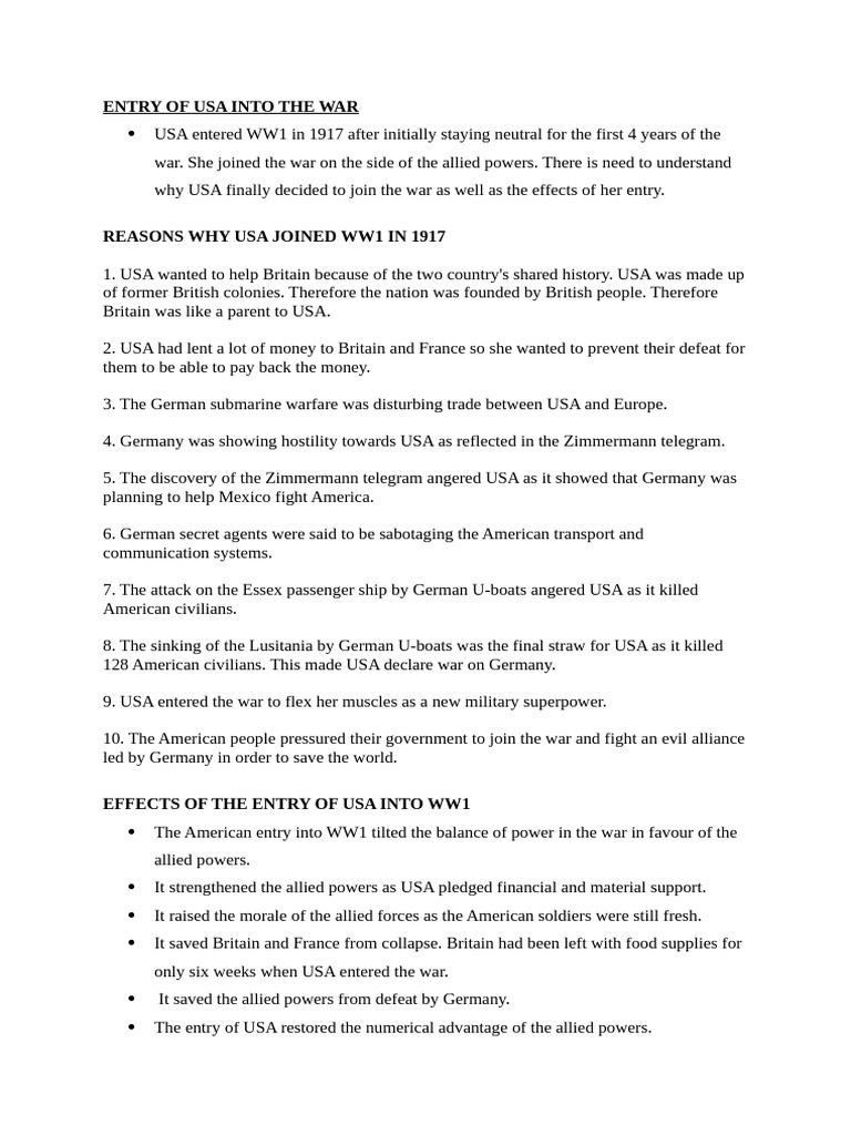 Unit 17 - Entry of Usa Into The War | PDF | World War I | Allies Of World War I
