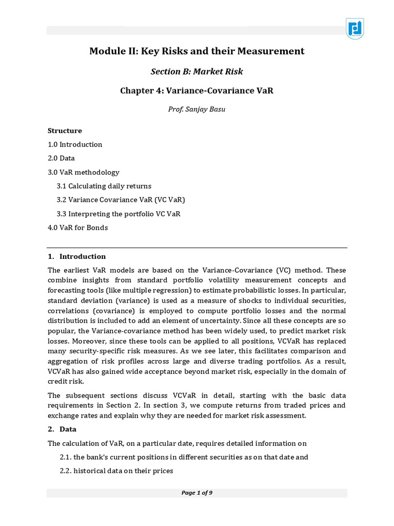 CH 4 - Variance Covariance VaR | PDF | Value At Risk | Bonds (Finance)