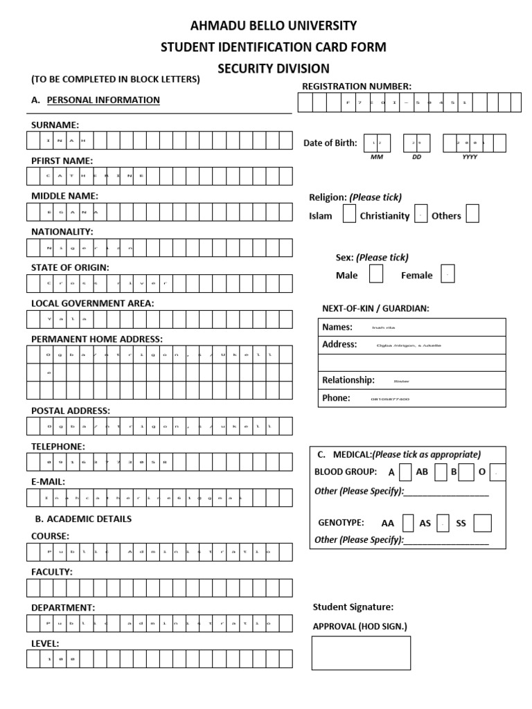 ABU Student ID Card Application Form | PDF