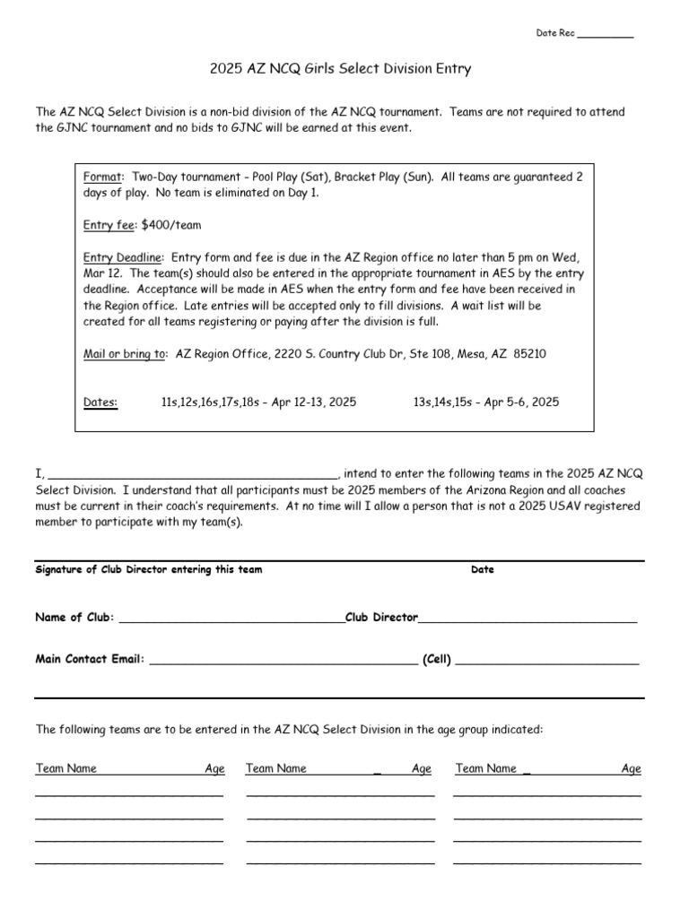 2025 AZ NCQ Select Division Entry Form | PDF
