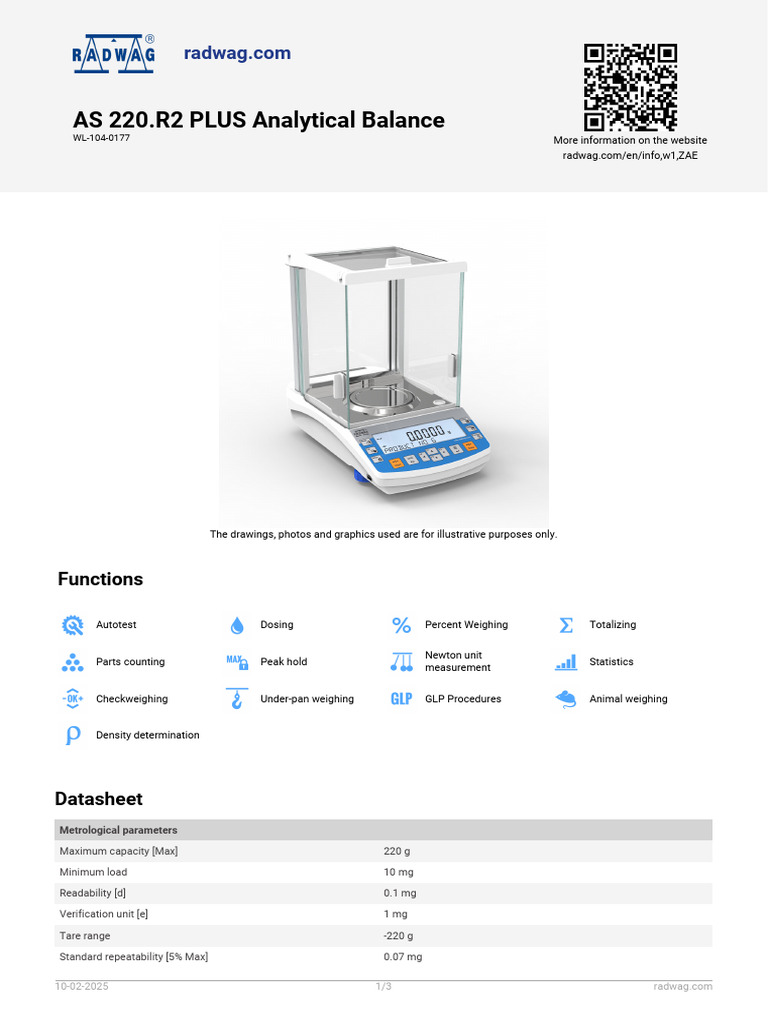 RADWAG - Data - Sheet - As 220 r2 Plus Analytical Balance | PDF | Weight | Electrical Engineering