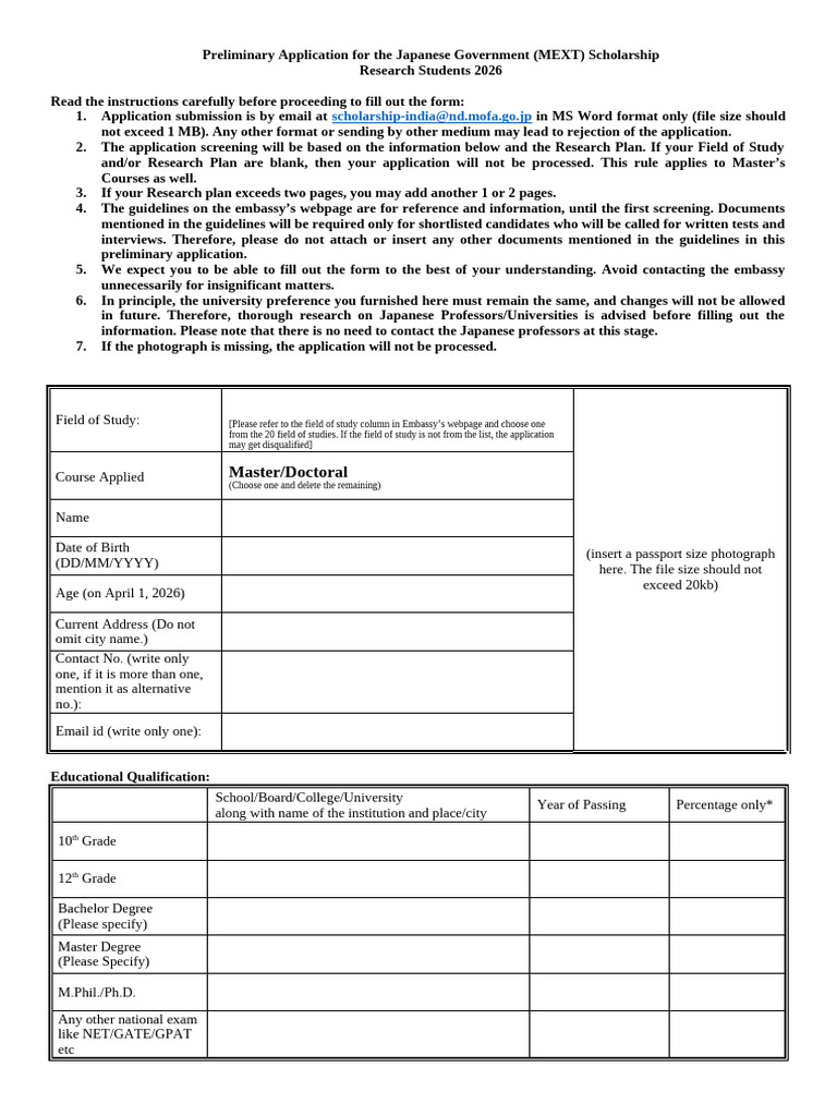 MEXT Scholarship Preliminary Application 2026 | PDF | Academic Degree | Educational Stages