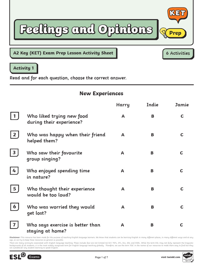 A2 Key (KET) Prep Lesson - Feelings, Opinions & Experiences (A2) | PDF ...