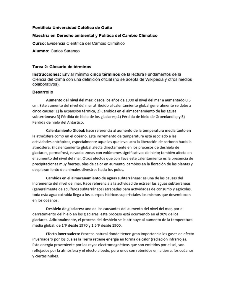 Tarea2 Glosario Sarango Carlos | PDF | Cambio climático | Aumento del nivel del mar