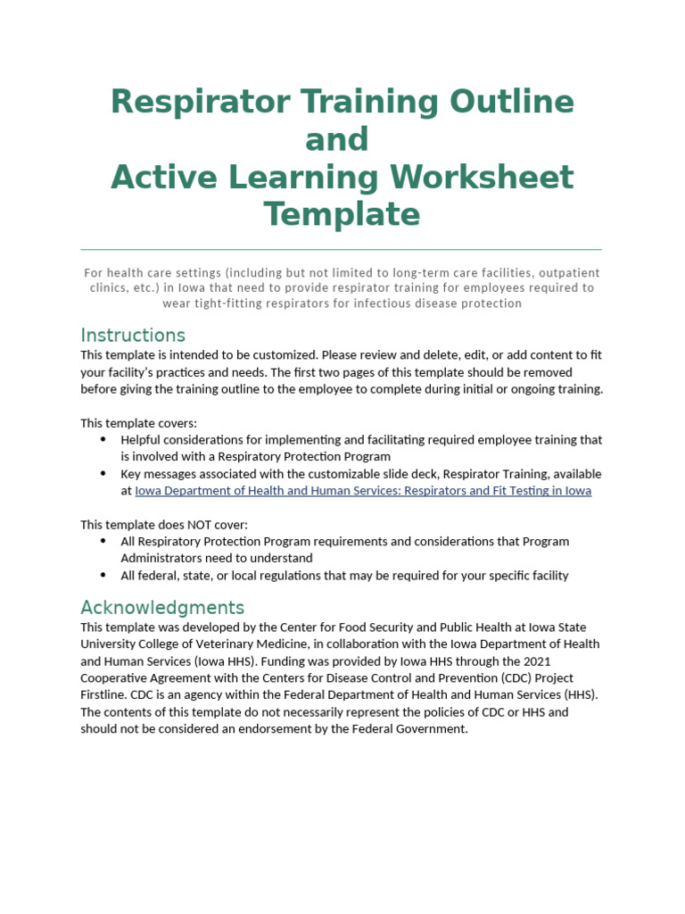 Respirator Training Outline and Active Learning Worksheet Template ...