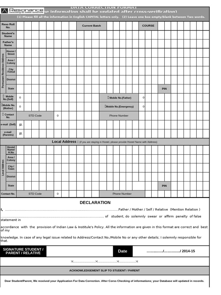 Student Data Correction Form | PDF | Computing