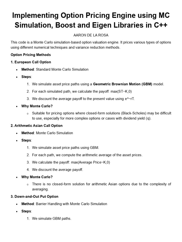 Monte Carlo Option Pricing in C++ | PDF | Option (Finance) | Monte ...
