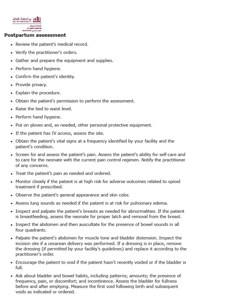 7a. Postpartum Assessment Checklist | PDF | Postpartum Period | Childbirth