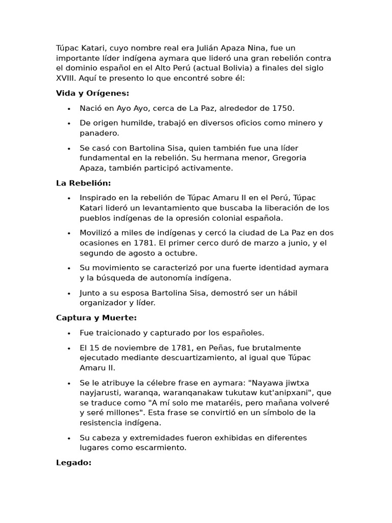 Túpac Katari - SOCIALES | PDF | América del Sur