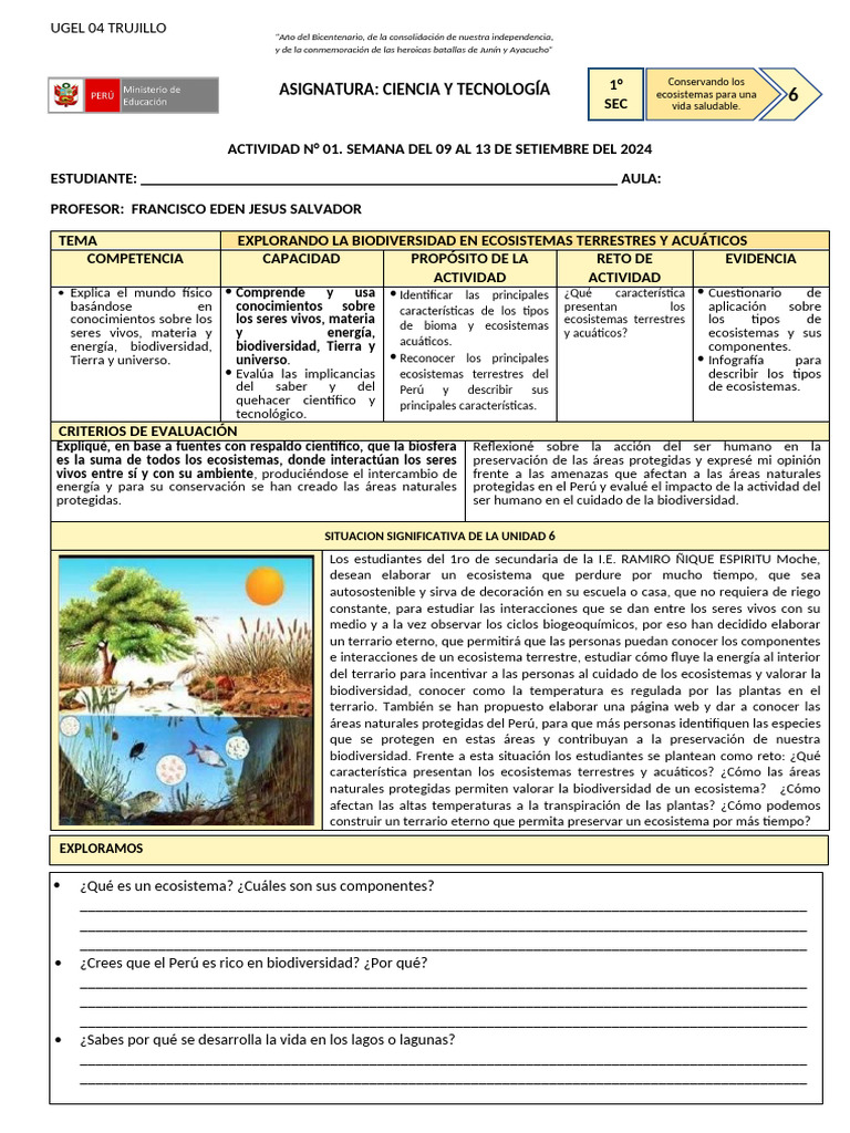 1°sec - UNIDAD 6 - ACTIVIDAD 1 (CyT Explica 2024) - Explorando La Biodiversidad en Ecosistemas ...