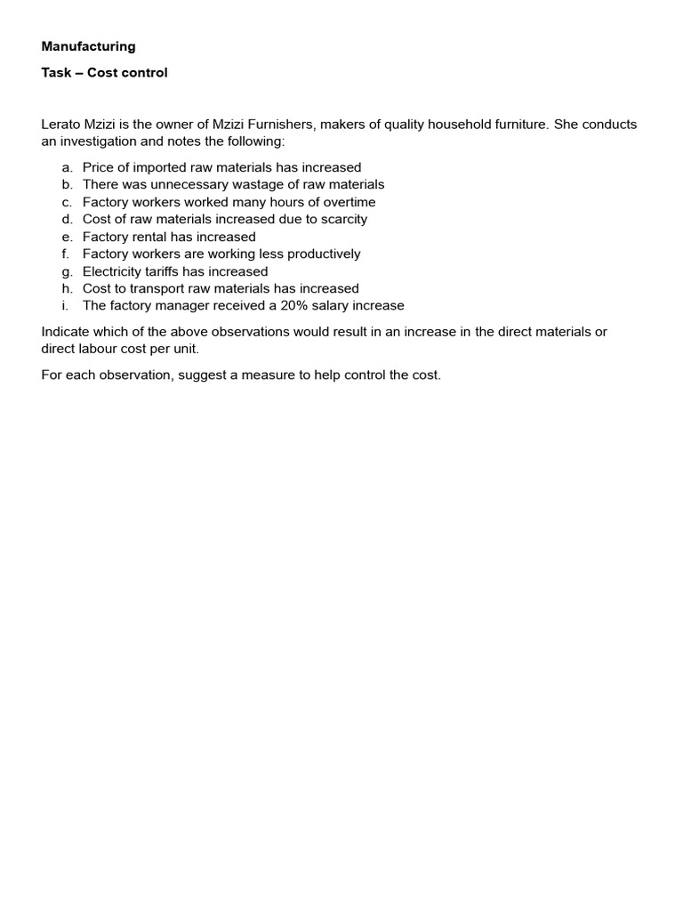 Manufacturing Worksheet - Cost Control | PDF