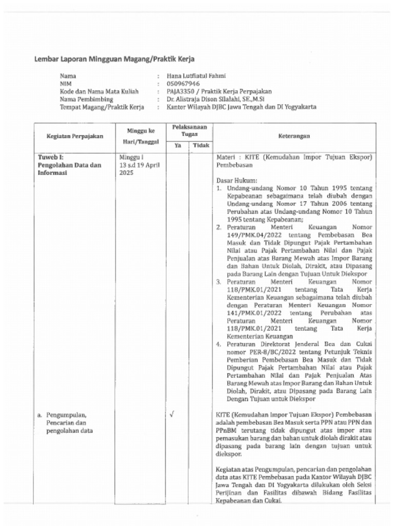 Lembar Laporan Mingguan Magang - Praktik Kerja | PDF