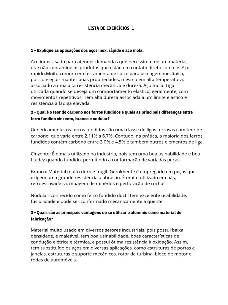 Lista de Exerc-cios 01 - Materiais.docx.PDF | PDF | Polímeros | Liga