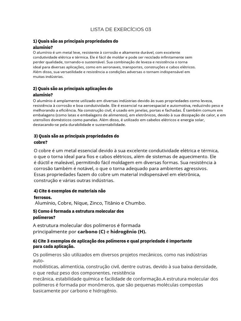 Lista de Exercícios 03 - Materiais PDF | PDF