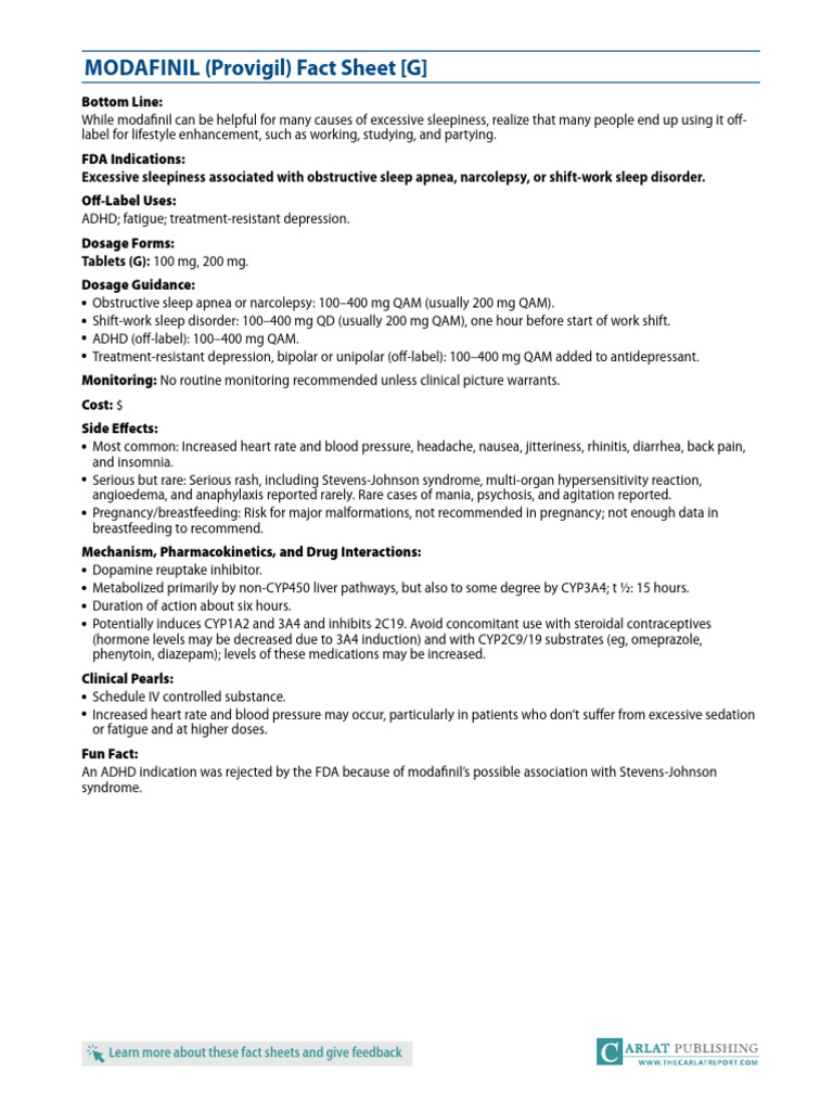 MODAFINIL (Provigil) Fact Sheet (G) | PDF