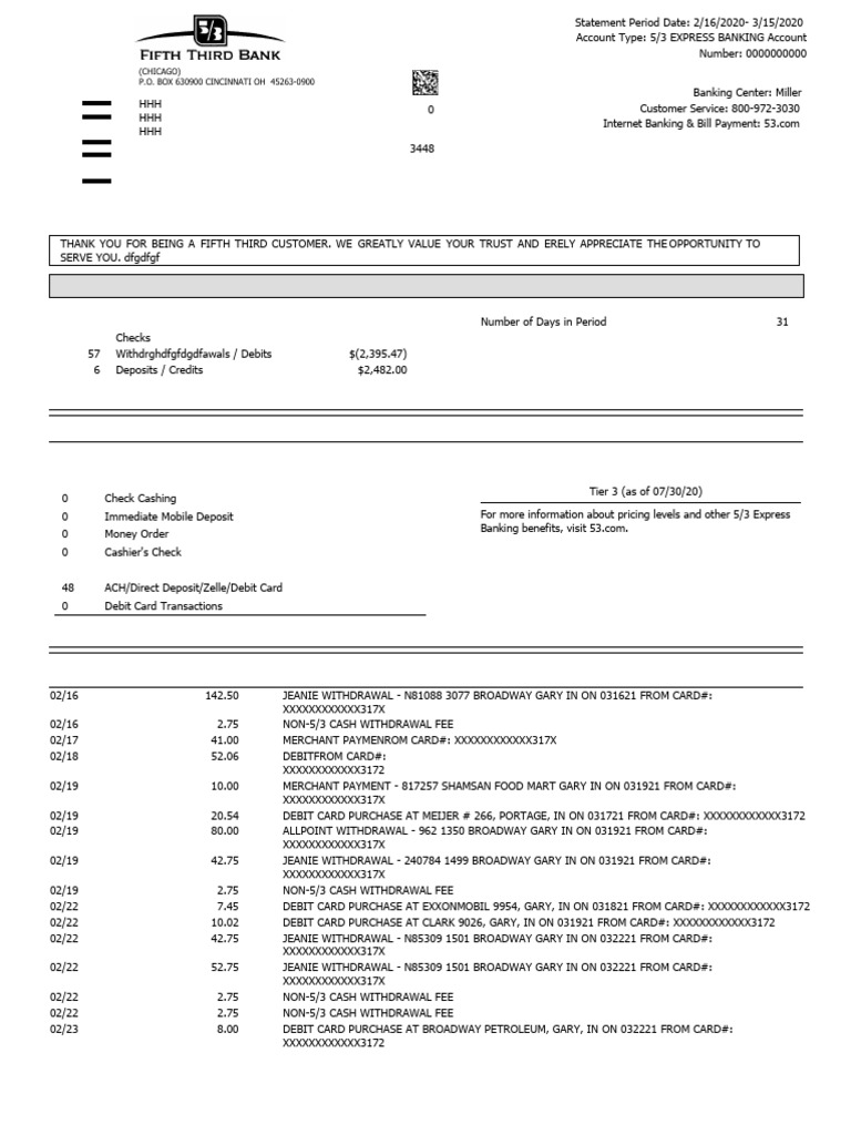 Fifth Third Banking Statement Summary | PDF | Credit Card | Banks