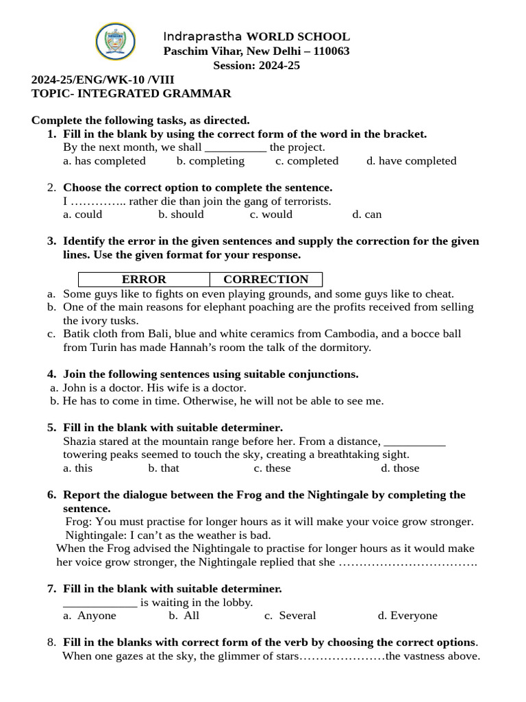 Integrated Grammar Worksheet for Class VIII | PDF