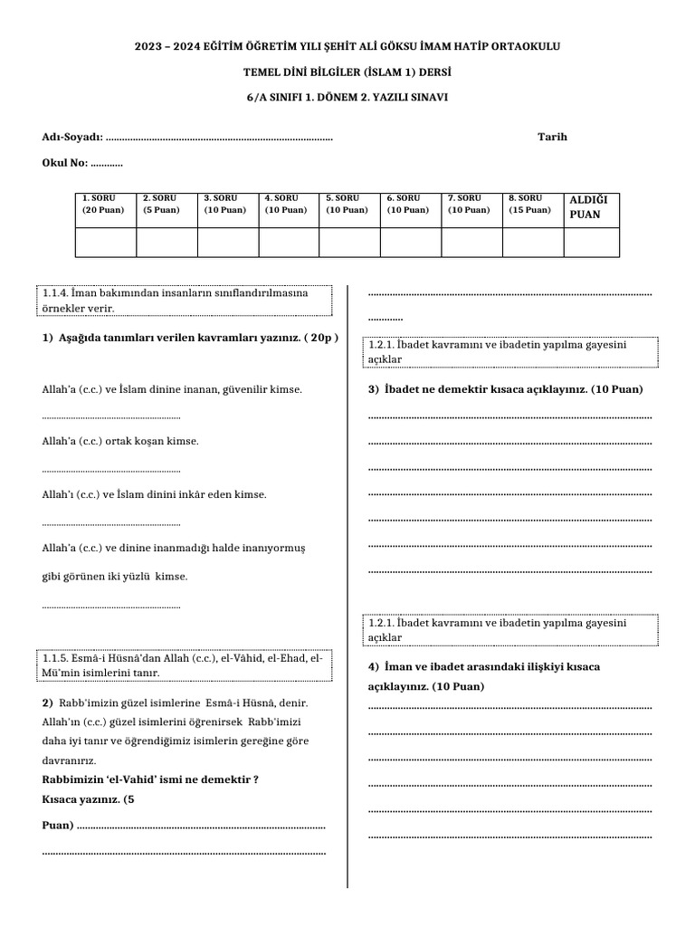 Acik Uclu 6sinif TDB 1donem 2yazili 1 | PDF