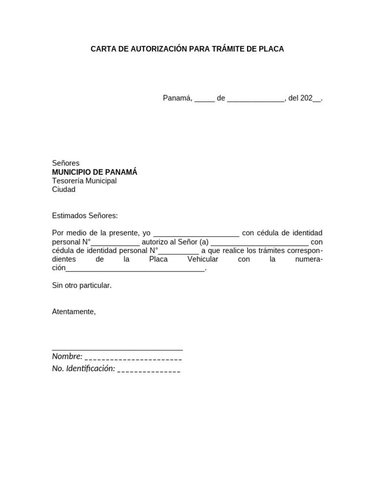 Carta de Autorización para Placa Panamá | PDF