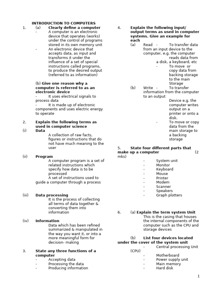 Form 1 - 4 Topical Questions With Answers | PDF | Computer Data Storage | Input/Output