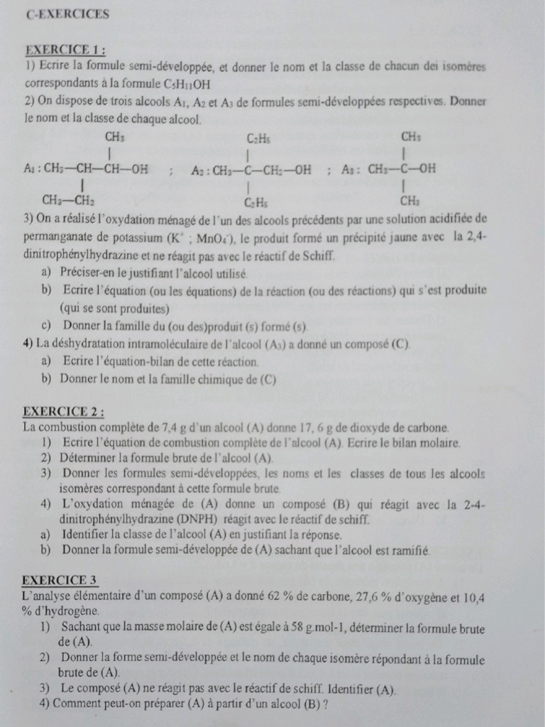 Exercices Sur Les Alcools Tle S2 | PDF