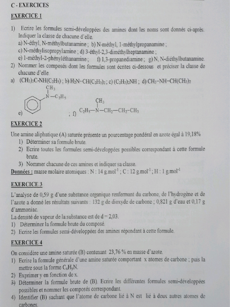 3 Exercices Sur Les Amines Tle D | PDF