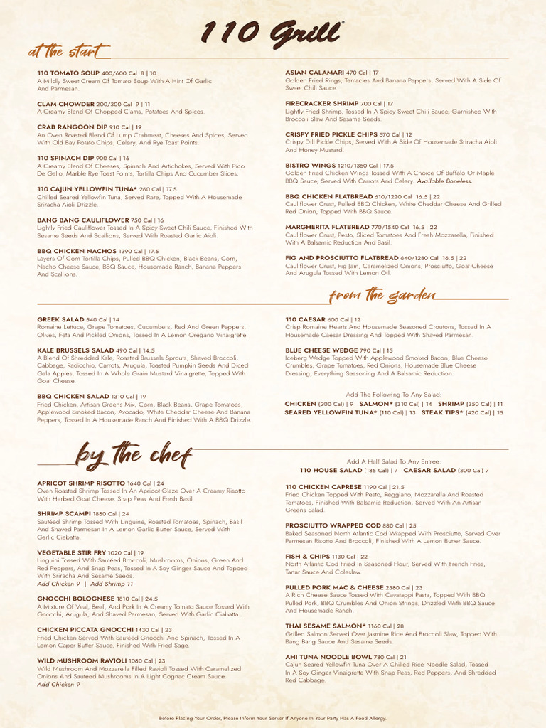 110 Grill Menu and Nutrition Guide | PDF | Hamburgers | Salad