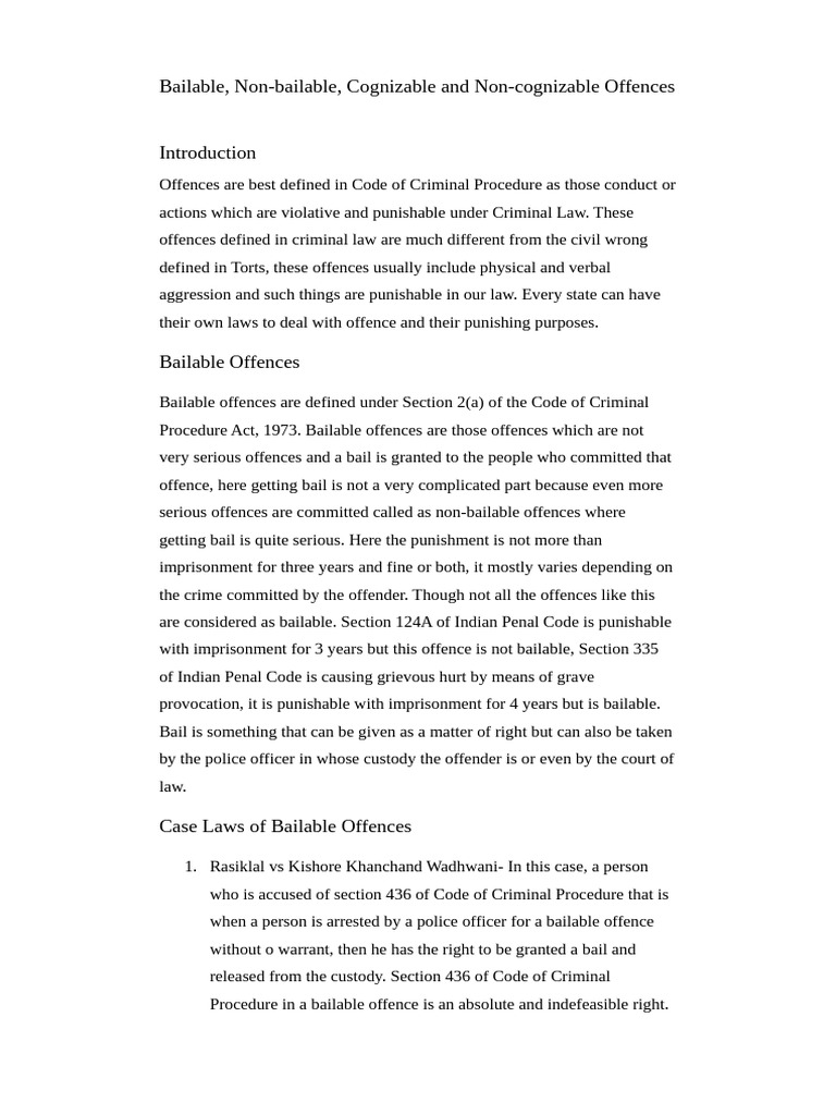Bailable, Non-Bailable, Cognizable and Non-Cognizable Offences | PDF ...