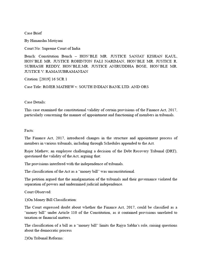 Rojer Mathew v. South Indian Bank Case | PDF | Tribunal | Supreme Court ...