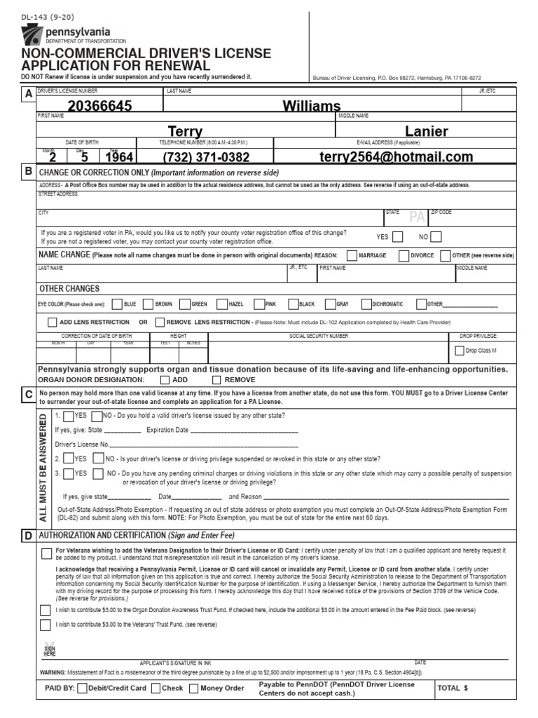 Pennsylvania Driver's License Renewal Form | PDF | Driver's License ...