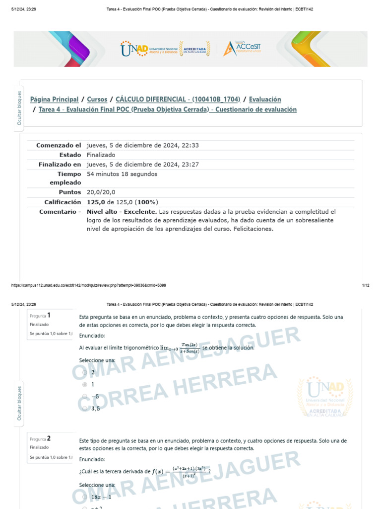 Tarea 4 - Evaluación Final POC (Prueba Objetiva Cerrada) - Cuestionario de Evaluación - Revisión ...
