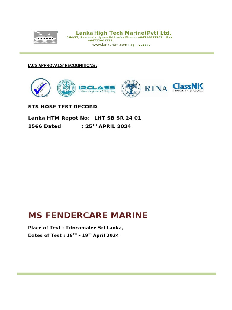 1566 FENDER CARE MARINE STS HOSE TEST REPORT 27 04 2023 Final NO Sig ...