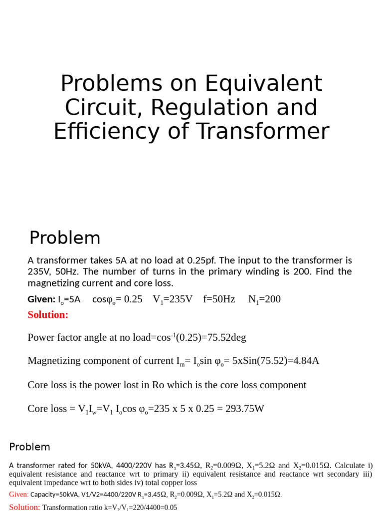 5problems On Equivalent Circuit, Regulation and Efficiency | PDF | Transformer | Electrical ...