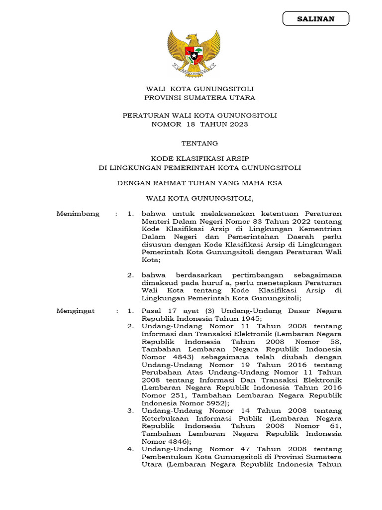 perwal 2023-18 kode klasifikasi arsip | PDF