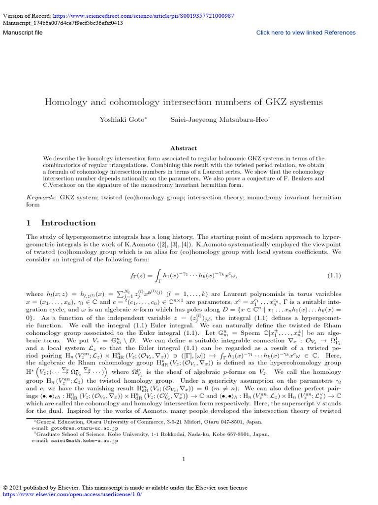 Goto, Matsubara-Heo - Homology and Cohomology Intersection Numbers of GKZ Systems | PDF ...