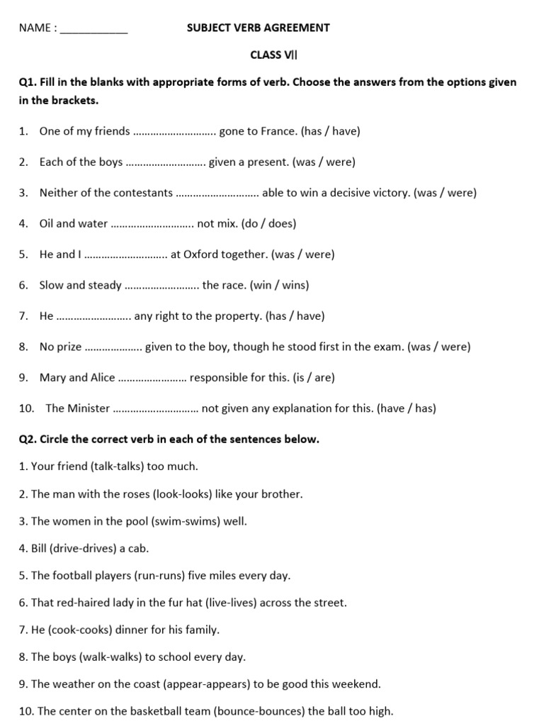Subject-Verb Agreement Worksheet Class 5 | PDF