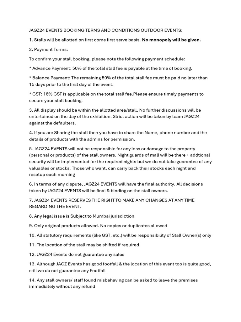 JAGZ24 Outdoor Events Booking Terms | PDF | Private Law | Business Law