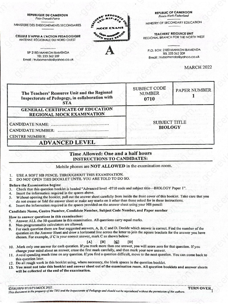 NW Mock 2022 Biology Exam Paper | PDF | Adenosine Triphosphate | Cell ...