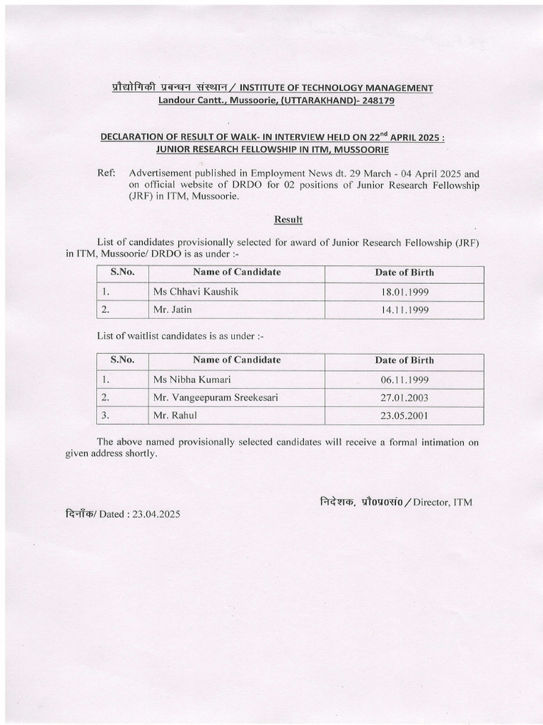 JRF_Result2025_ITM | PDF