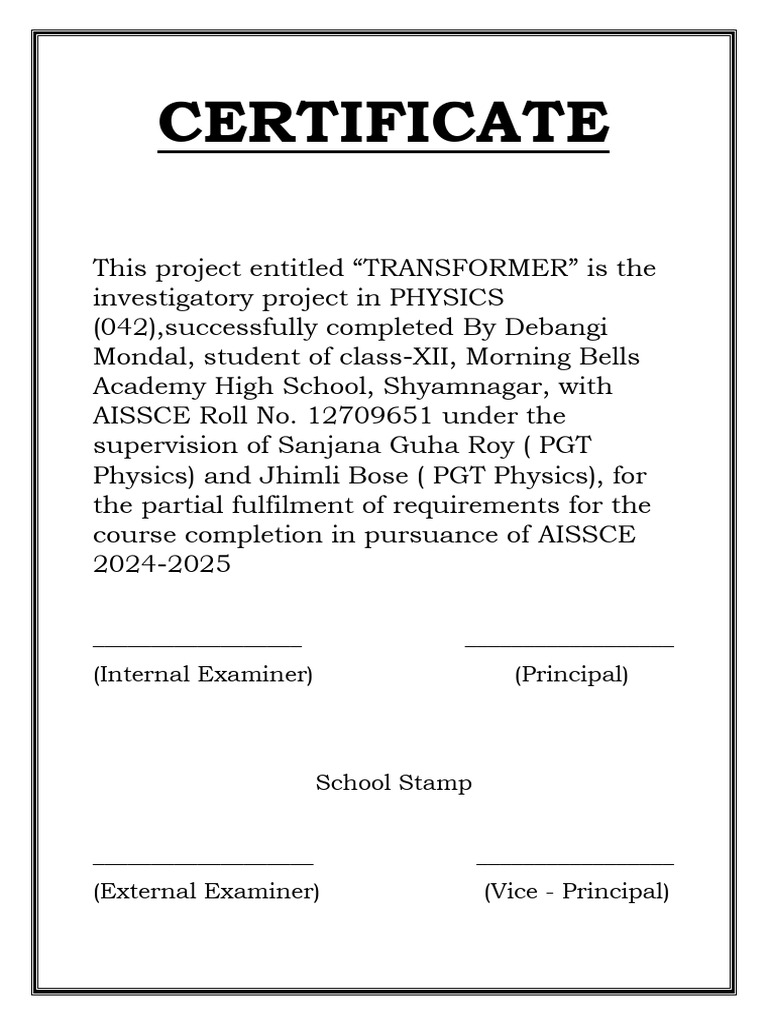 Transformer Project Certificate - Physics | PDF