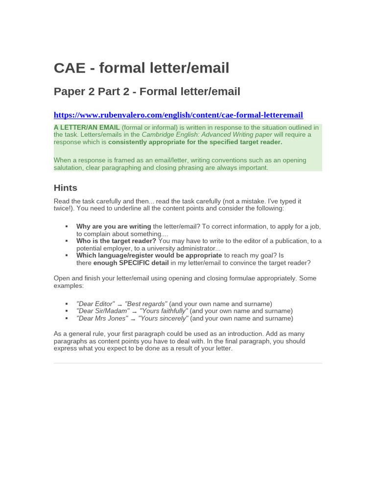 CAE Formal Letter Writing Guide | PDF | Experience | Human Communication