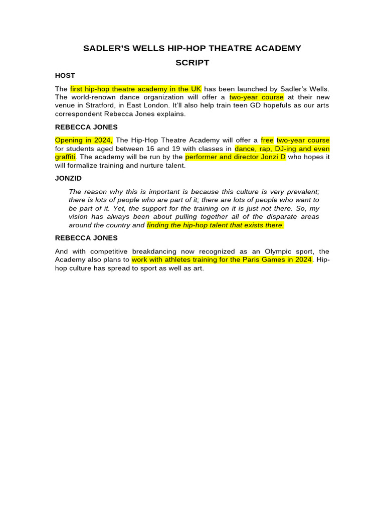C1 MT1 Sadler - S Wells Hip-Hop Academy SCRIPT | PDF
