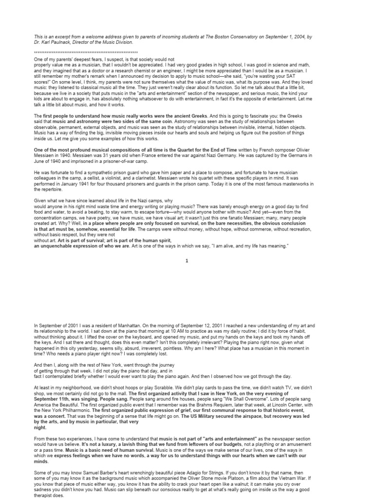 Why Study Music Welcome Speech 2004 | PDF