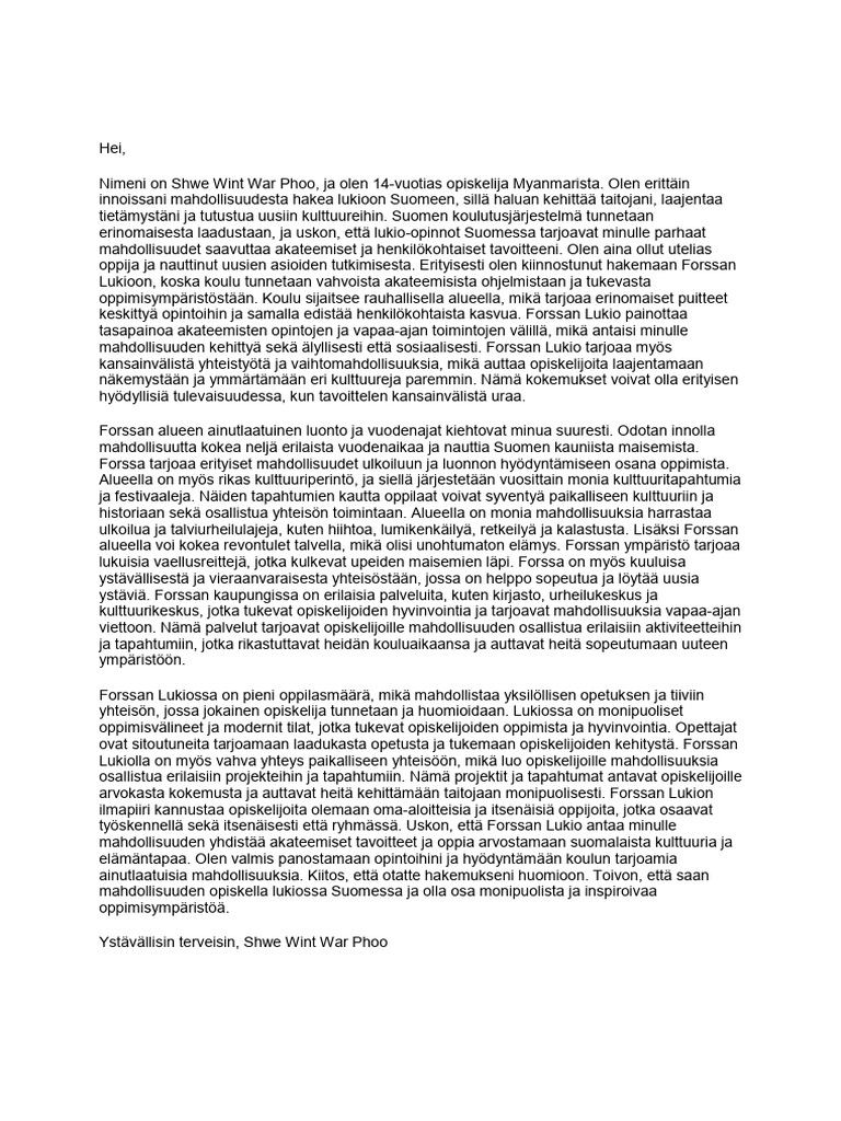 Shwe Wint War Phoo_Letter of Motivation for Forssan Lukio | PDF