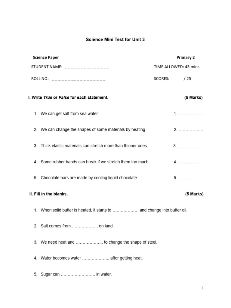 Science Mini Test For Unit 3 P2 | PDF | Water | Materials