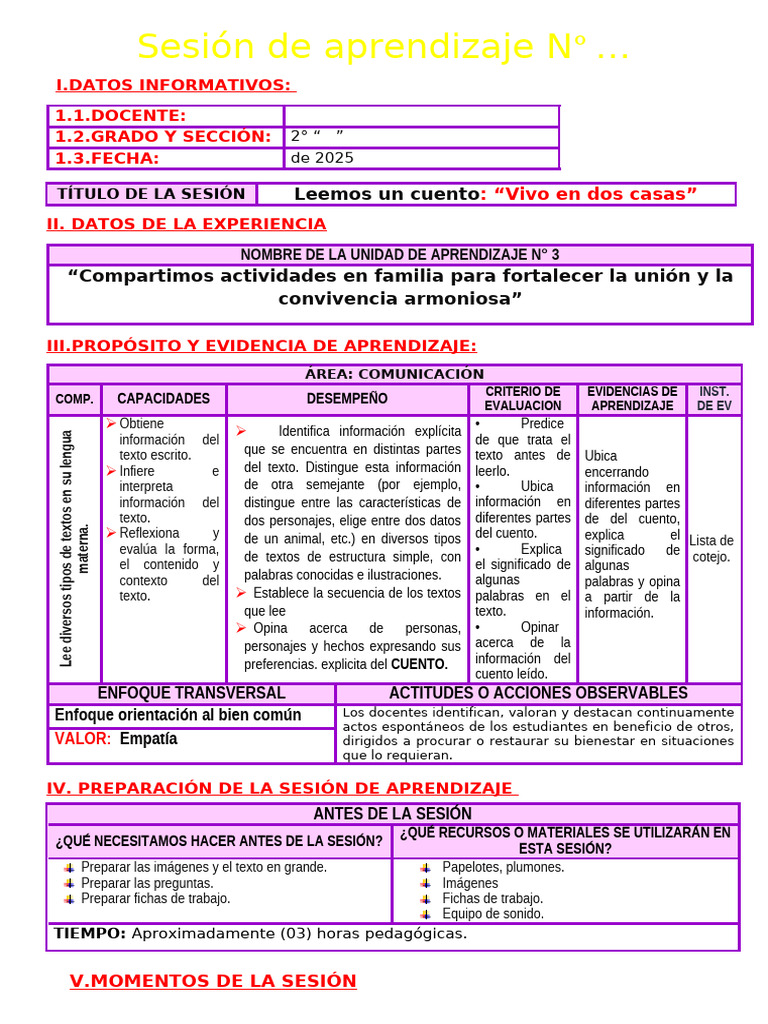 Sesión Leemos Un Cuento Vivo en Dos Casas - Maestra Janet 2° | PDF | Aprendizaje