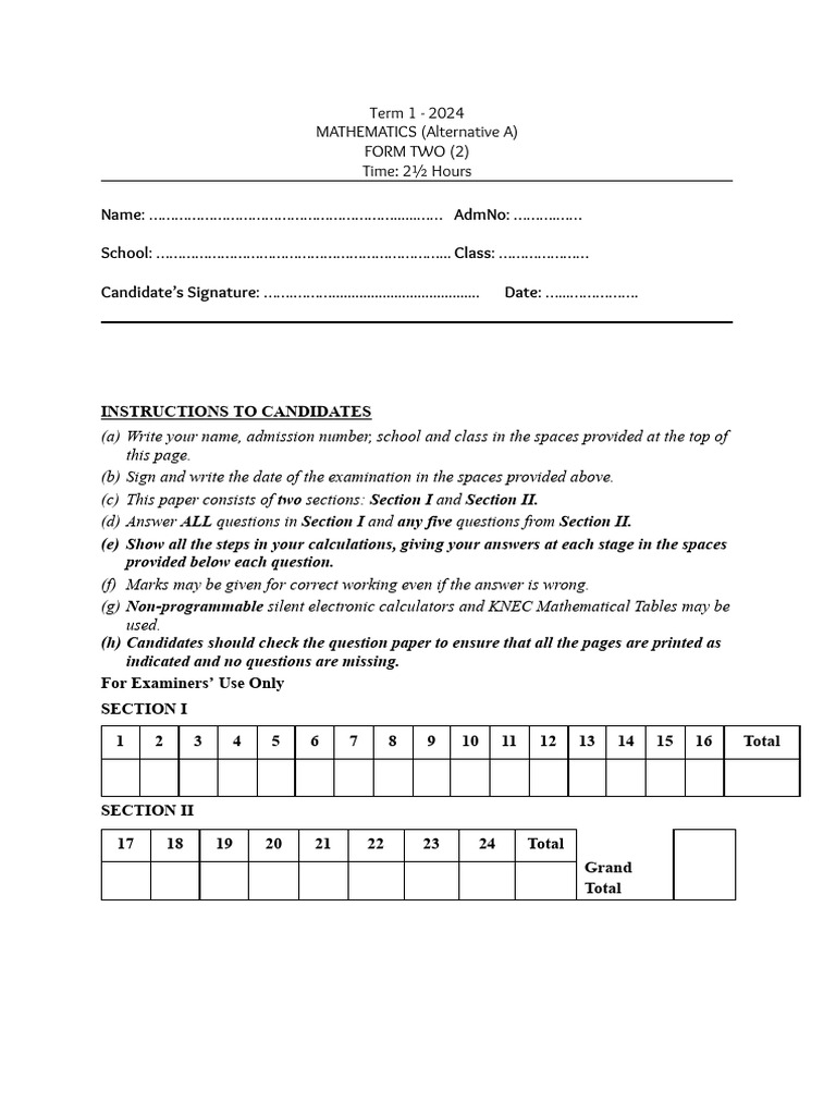 Form 2 - Mathematics - Question Paper | PDF | Triangle | Mathematics