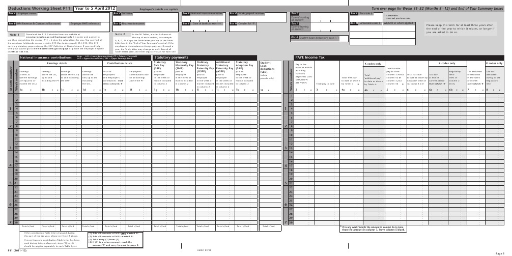 Deductions Working Sheet P11 Year To 5 April 2012: Statutory Payments ...