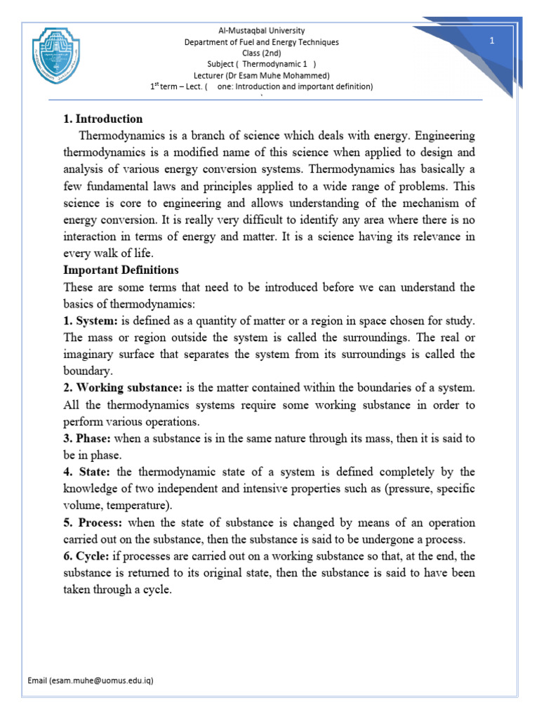 01 Lecture One - Introduction and Important Definition | PDF | Pressure ...
